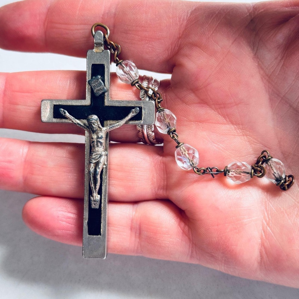Jewelry | Vintage Crucifix Pendant Silvertone Cross Black Inlay Pocket ...
